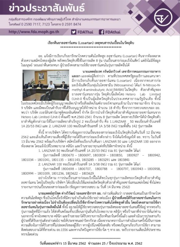 อย. เรียกคืนยารักษาโรคความดันโลหิตสูง ยาลอซาร์แทน (Losartan) - อยู่กับยา